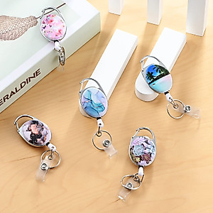 Badge Reels Retractable，Double Sided Color Print Pattern Badge Holders，with Keychain, Clip and Key Ring，Durable Nylon Rope，Pink Marble