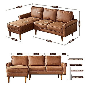 ovios Mid-Century Sectional Sofa, 81.5" L-Shape Sofa Couch with Chaise, Faux Leather Couch with Curved Arm and Solid Wood Legs for Living Room, Left Chaise, Brown