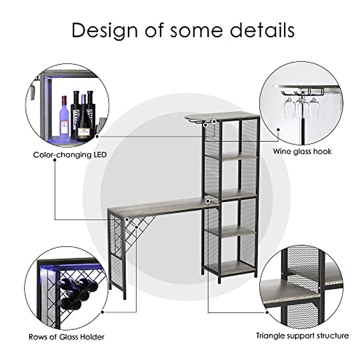 QNICE LED Lights Bar Table with Shelves/Modern Kitchen Counter Height Dining Table/Lounge or Dining Room Storage Pub Table/Dark Rustic Oak/Easy Assembly