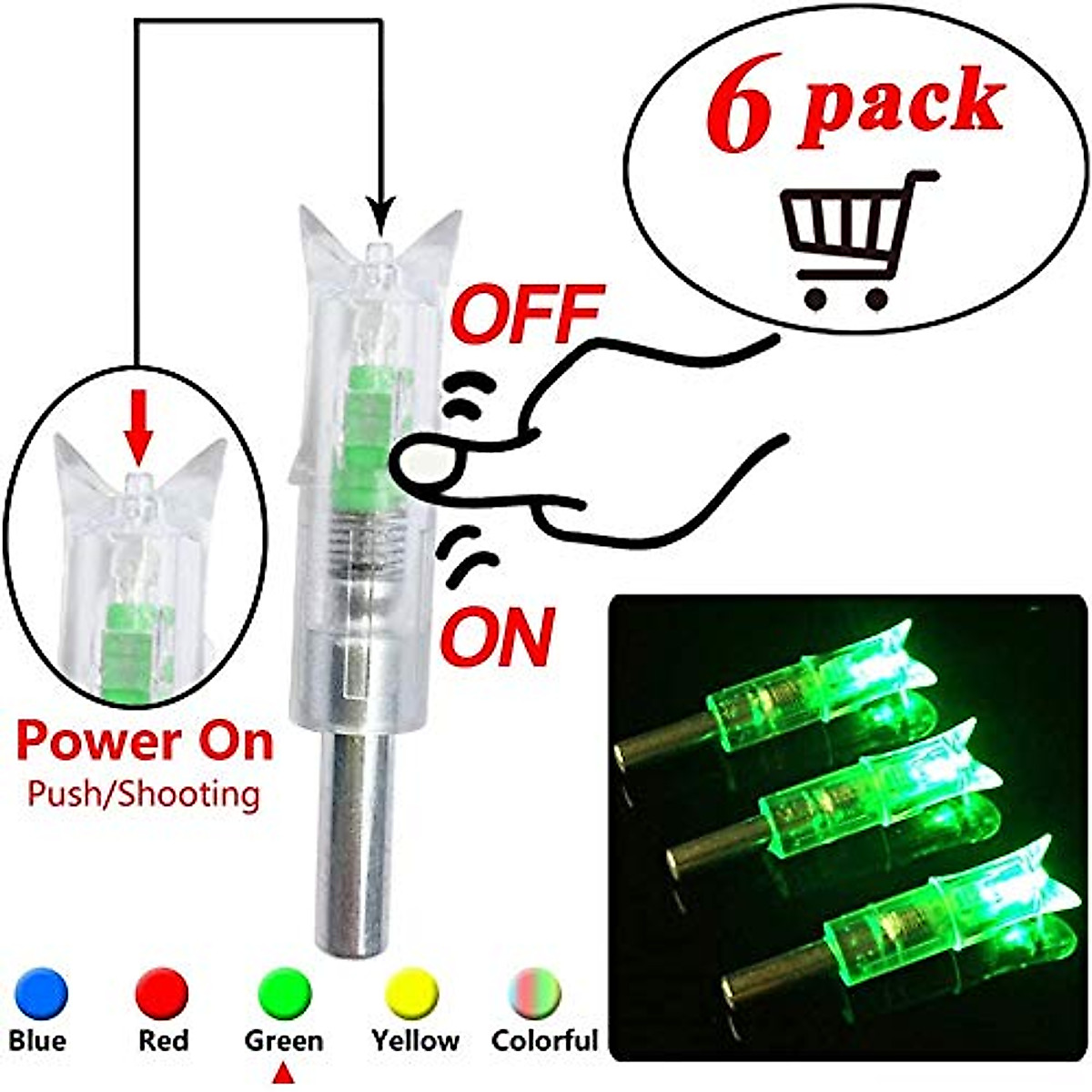 6PCS-New Lighted Nocks for Arrows with .300/7.62mm Inside Diameter Led Nocks Arrow nocks with Switch Button for Archery Hunting 6 Pack (Green Pack of 6)