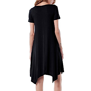 Invug Women Casual Loose Soft Crewneck Short Sleeve Pockets Swing T-Shirt Zigzag Hem Dress Black L