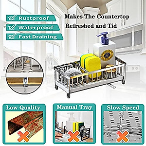 Trusthere Sink Caddy Sponge Holder for Kitchen Sink - Sink Counter Organizer-Stainless Steel Tray for Sponge, Dish Rags Brush, Soap Scrubber, and Utensils with Auto Drain Tray