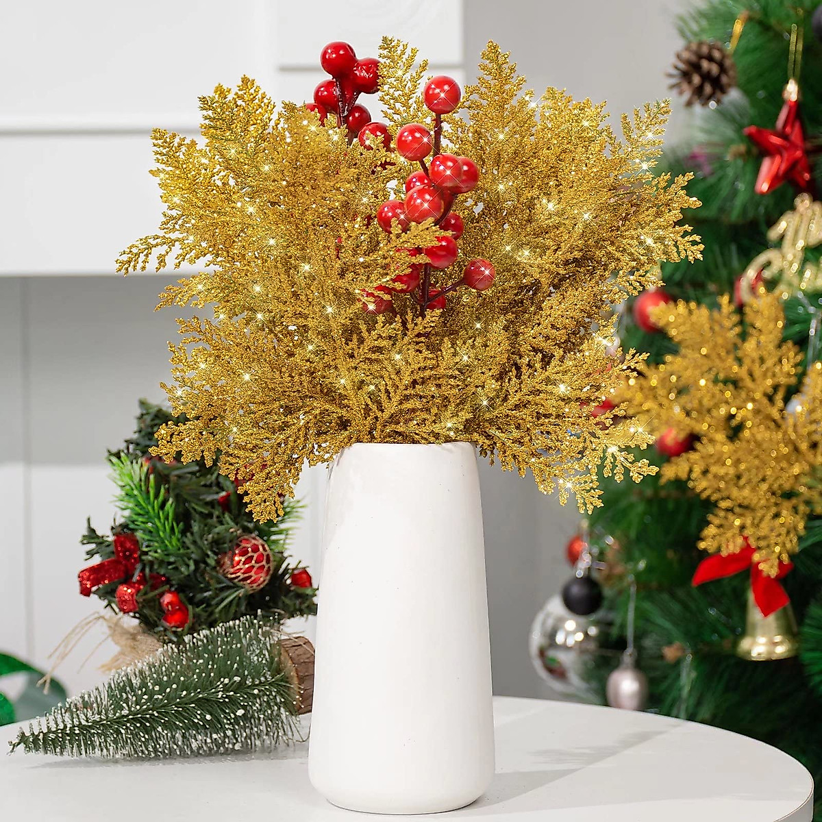 TORINALITAL 22PCS Christmas Tree Picks Sprays, Gold Glitter Artificial Pine Needles Faux Christmas Floral Picks Branches for Christmas Tree Wreath Wedding Bouquet Winter Seasonal Holiday Decoration