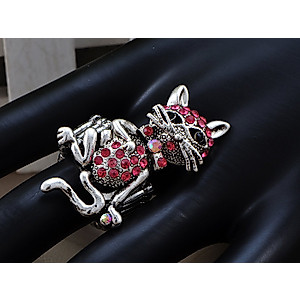 Alilang Silvery Tone Shine Pink Crystal Rhinestones Cute Cat Animal Adjustable Ring