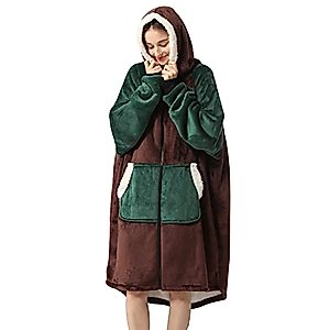 Marquess Oversized Wearable Blanket Microfiber & Sherpa Hoodie For Men/Woman | Soft Warm Fleece Hooded Blanket Sweatshirt with Large Pockets, One Size Fits All (BROWN&GREEN)