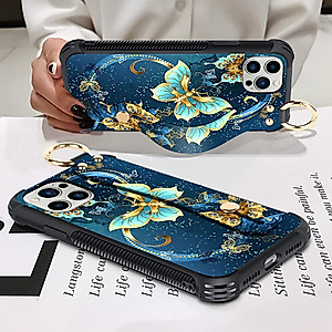 KANGHAR Compatible with iPhone 13 PRO MAX Case Blue Butterfly Shell Wrist Strap Lanyard Cover for iPhone 13 PRO MAX 6.7 INCH 2021 5G