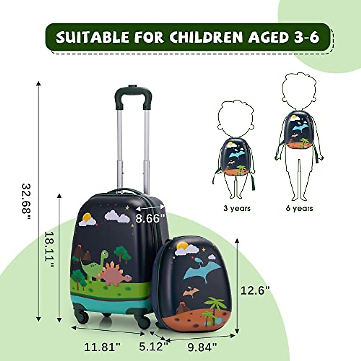 VLIVE Kids Luggage Set for Boys, 12” Backpack on Carry on Luggage for Kids, Travel Suitcase with Wheels for 3-5 years old, Dinosaur