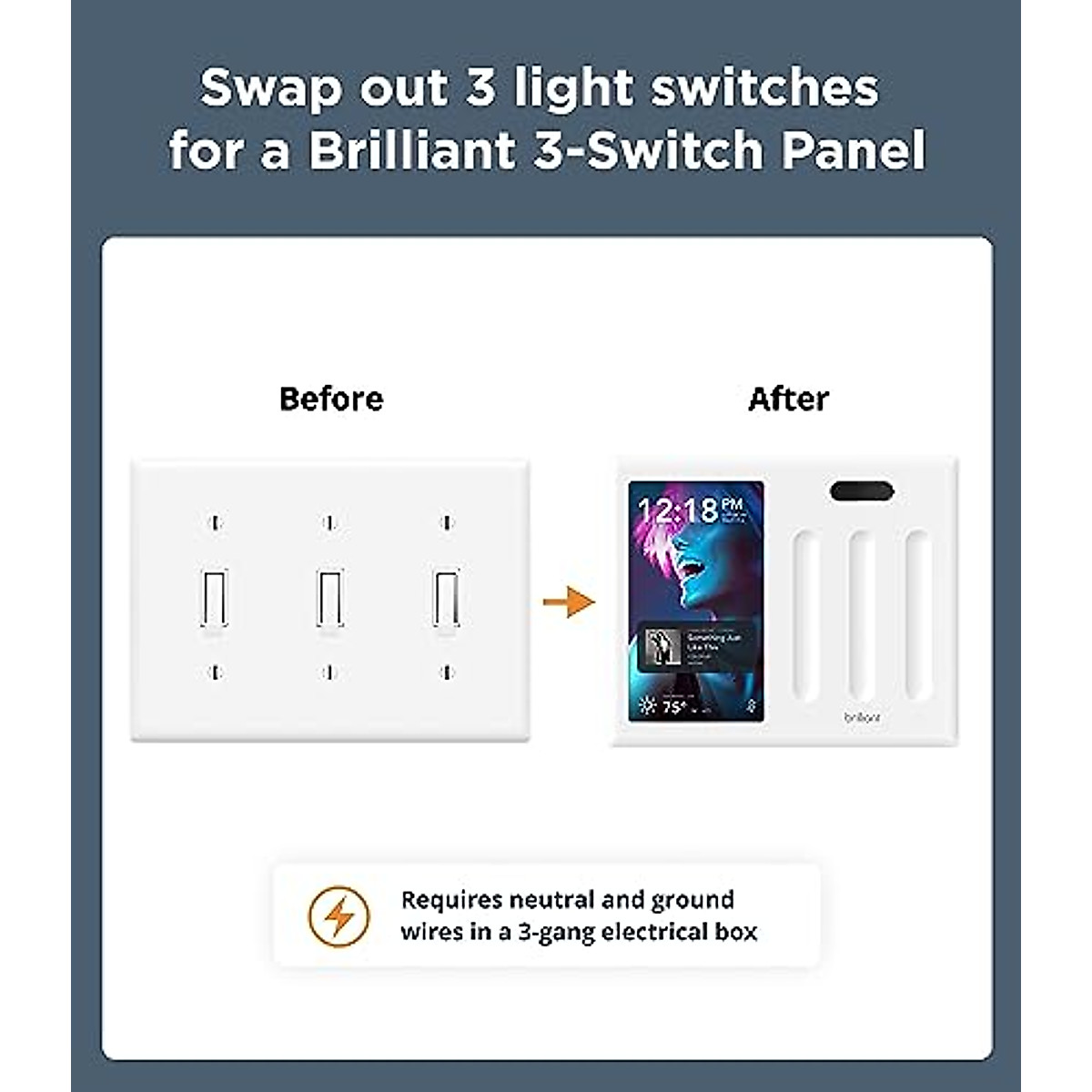 Brilliant Smart Home Control (3-Switch Panel) — Alexa Built-In & Compatible with Ring, Sonos, Hue, Google Nest, Wemo, SmartThings, Apple HomeKit — In-Wall Touchscreen Control for Lights, Music, & More