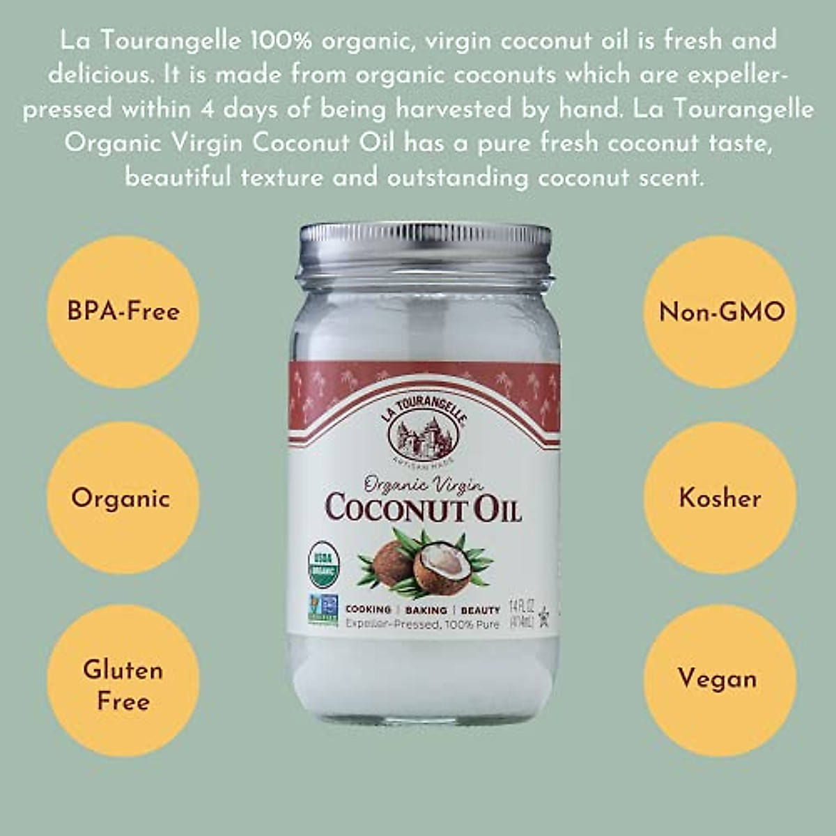 La Tourangelle, Organic Virgin Unrefined Coconut Oil, Great for Cooking, Baking, Hair, and Skin Care, Bold, Aromatic, and Flavorful, Source of MCTs, 14 fl oz (Packaging May Vary)