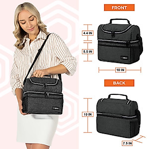 OPUX Lunch Box For Men Women, Insulated Large Double Decker Lunch Bag, Charcoal Gray, 10x7.5x10 Inches