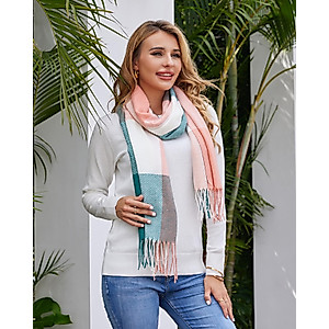 Fuinloth Women's Large Plaid Scarf Fashion Long Shawl Wrap for Winter Warm Lightweight Green Pink
