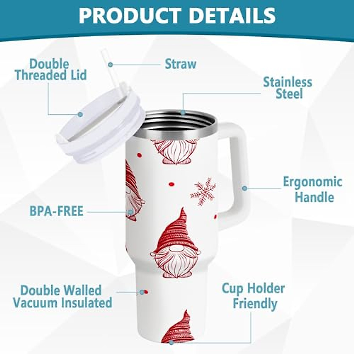 RPLIFE Christmas Gnomes White Tumbler with Handle and Straw, Stainless Water Bottle, Coffee Cups with Lids Reusable