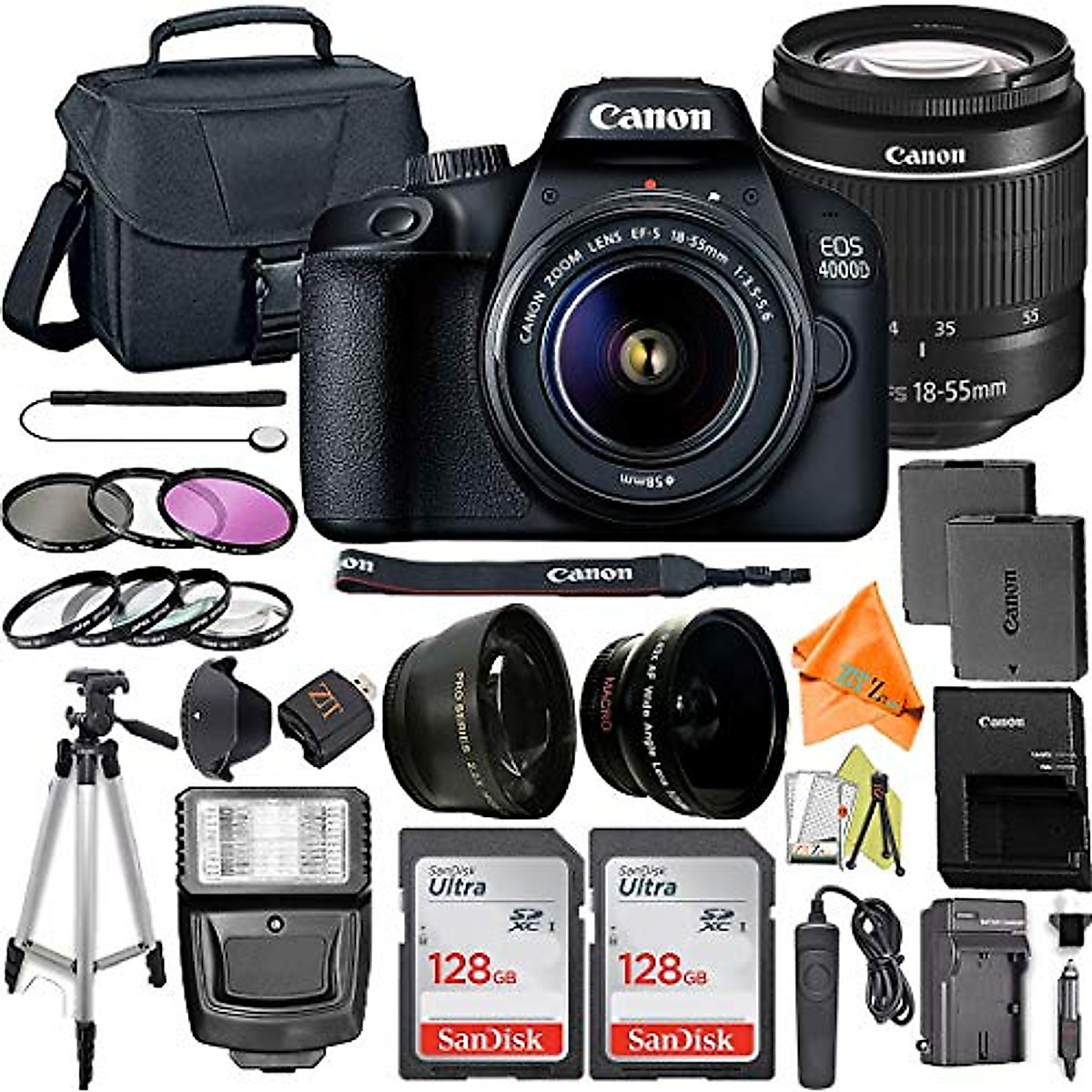 Canon EOS 4000D / Rebel T100 DSLR Camera 18-55mm Zoom Lens + ZeeTech Accessory Bundle with 2 Pack SanDisk 128GB Memory Card, Padded Case, Tripod and Telephoto & Wideangle Lenses Kit (Renewed)