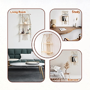 YOJO Macrame Wall Hanging Shelf,2 Tier Boho Wall Plant Hanger Shelves,Handmade Bohemian Woven Floating Shelves for Bedroom Living Room Apartment Home Decor