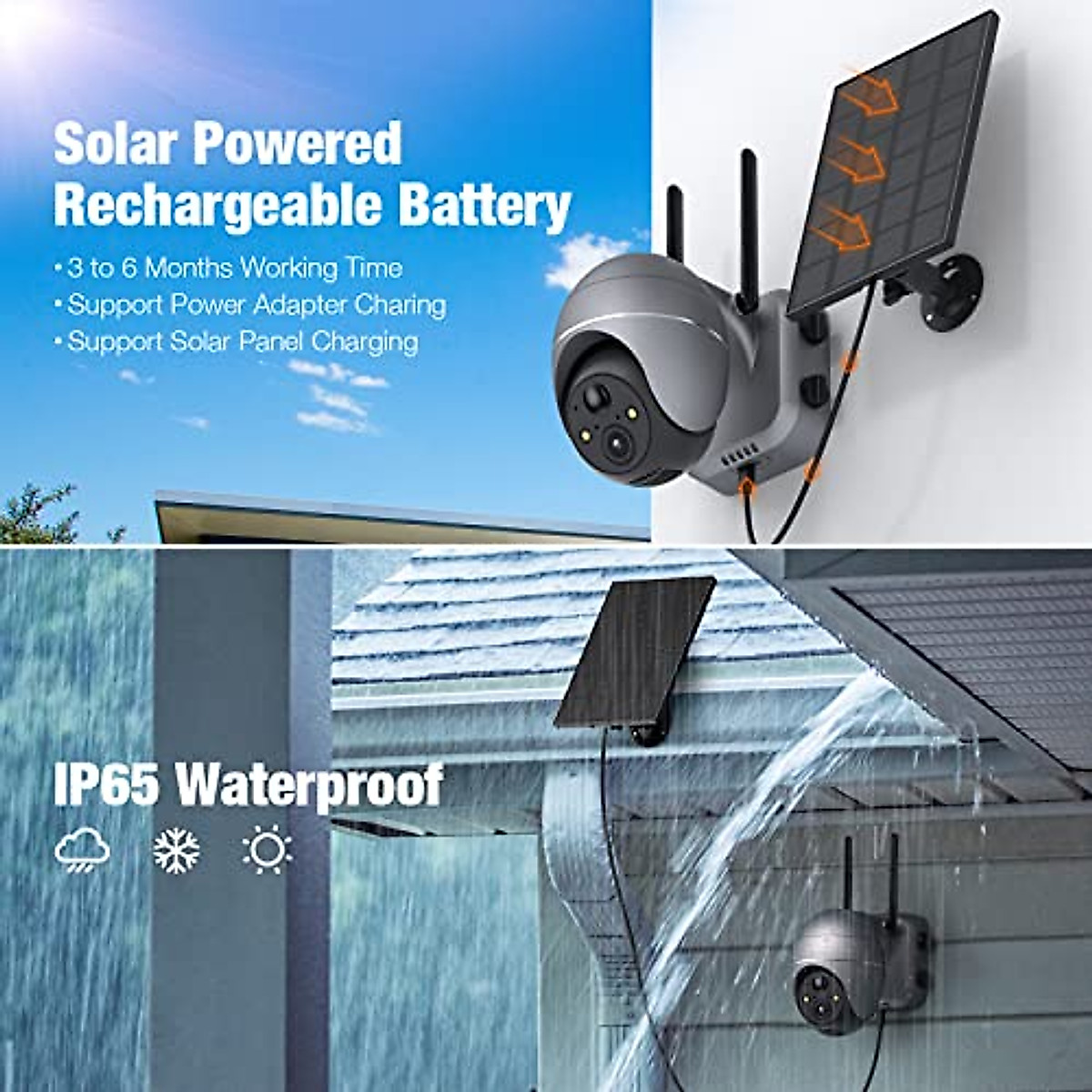 Wireless Security Camera Outdoor, 2K Solar Powered WiFi Cameras, Rechargeable Solar Outdoor Camera with PIR Motion Detection, 2-Way Audio, IP65 Waterproof, Spotlight & Siren, Color Night Vision