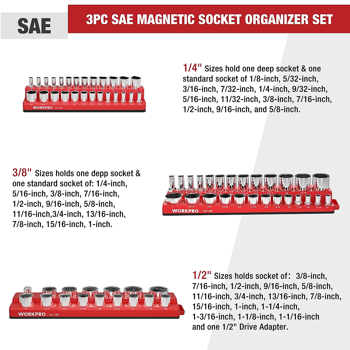 WORKPRO Magnetic Socket Organizer Set, 3-Piece Socket Holder Set Includes 1/4", 3/8" and 1/2" Drive SAE Socket Trays, Holds 68 Pieces Standard Size and Deep Size Sockets(Socket not Included)