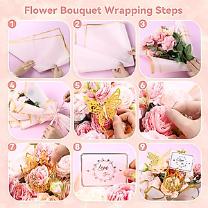 Vellibring 166pcs Flower Bouquet Accessories Flower Bouquet Wrapping Paper Ribbons Gold Crowns Butterfly Decorations Flower Pins for Florist Wrap Mother's Day Valentine's Day Birthday DIY Present