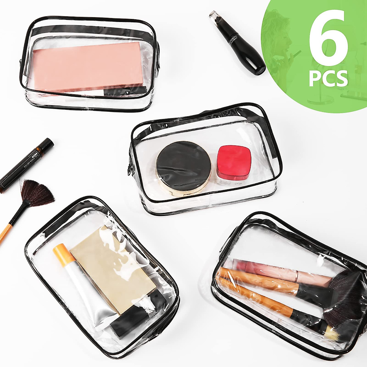 AURUZA 6 PACK Clear Toiletry Bag, TSA Approved Cosmetic Makeup Bags Set, Portable Travel Makeup Bags Zipper PVC Cosmetic Pouch Airport Airline for Travel, Bathroom