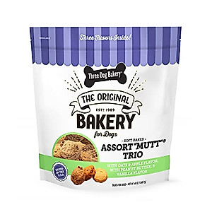 Three Dog Bakery Assort Mutt Cookie Trio, Soft Baked Treats for Dogs, Three Flavor; Oatmeal and Apple, Peanut Butter, and Vanilla, 3 Pound Bulk Resealable Pack