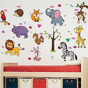 Animal Wall Sticker Cartoon Baby Children DIY Art Decal Self-Adhesive Wallpaper Mural Decorate for Living Room TV Sofa Background Bedroom Kids Room Nursery