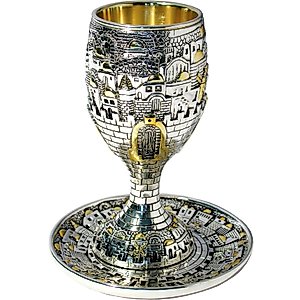 Silver Plated KIDDUSH CUP with Matching Tray Jewish Shabbat Set Jerusalem Of Gold Judaica Gift Large