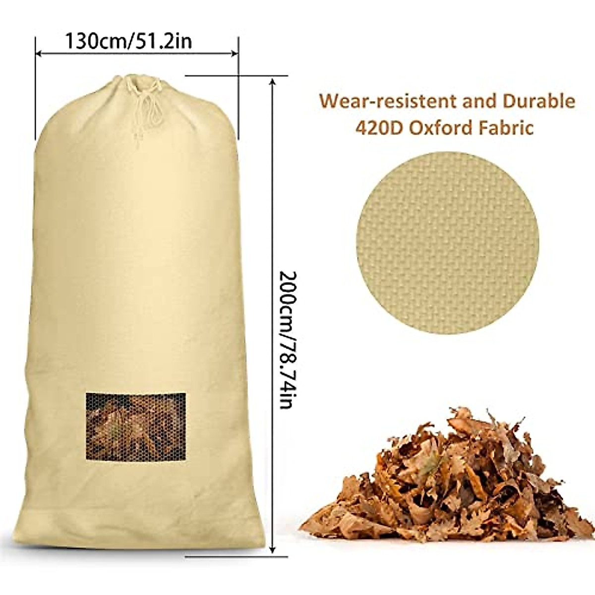 WHXHJ Tractor Leaf Bag Wear-Resistant Oversized, Garden Leaf Bag 80 × 51 Inch, 420D Oxford Cloth Wear-Resistant Lawn Mower Grass Catcher Bag for All Lawn Mower Tractor,Beige