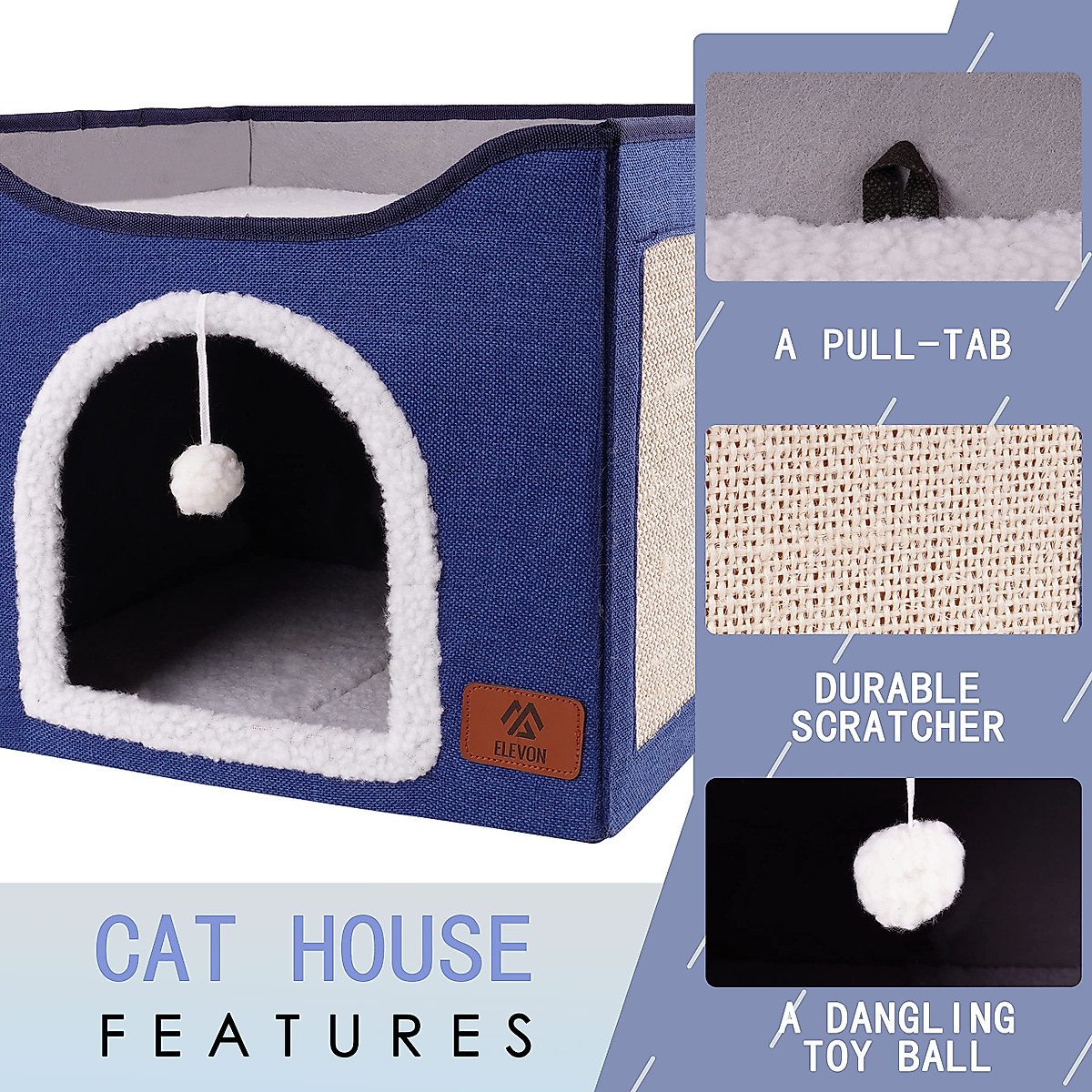 Elevon Cat Beds for Indoor Cats, Foldable Cat House Suitable for All Seasons, Cat Cube Apartment with Cat Scratch Board and Reversible Cushion, Suitable for Multi Small Pet Under 20 lbs, Blue