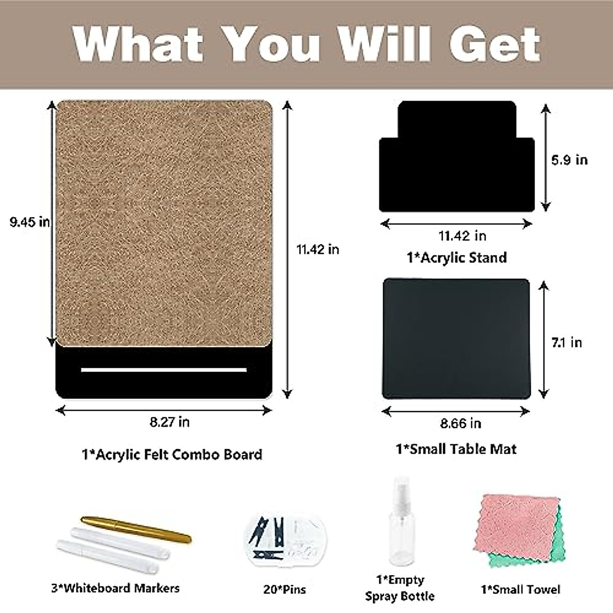 SHOOFFICE Acrylic Dry Erase Board & Felt Board Combo, 11.4'' x 8.3" Double-Sided Desktop Whiteboard with Stand, Small Frameless Black Message Board with 3 Markers and 20 Pins for Office Home School