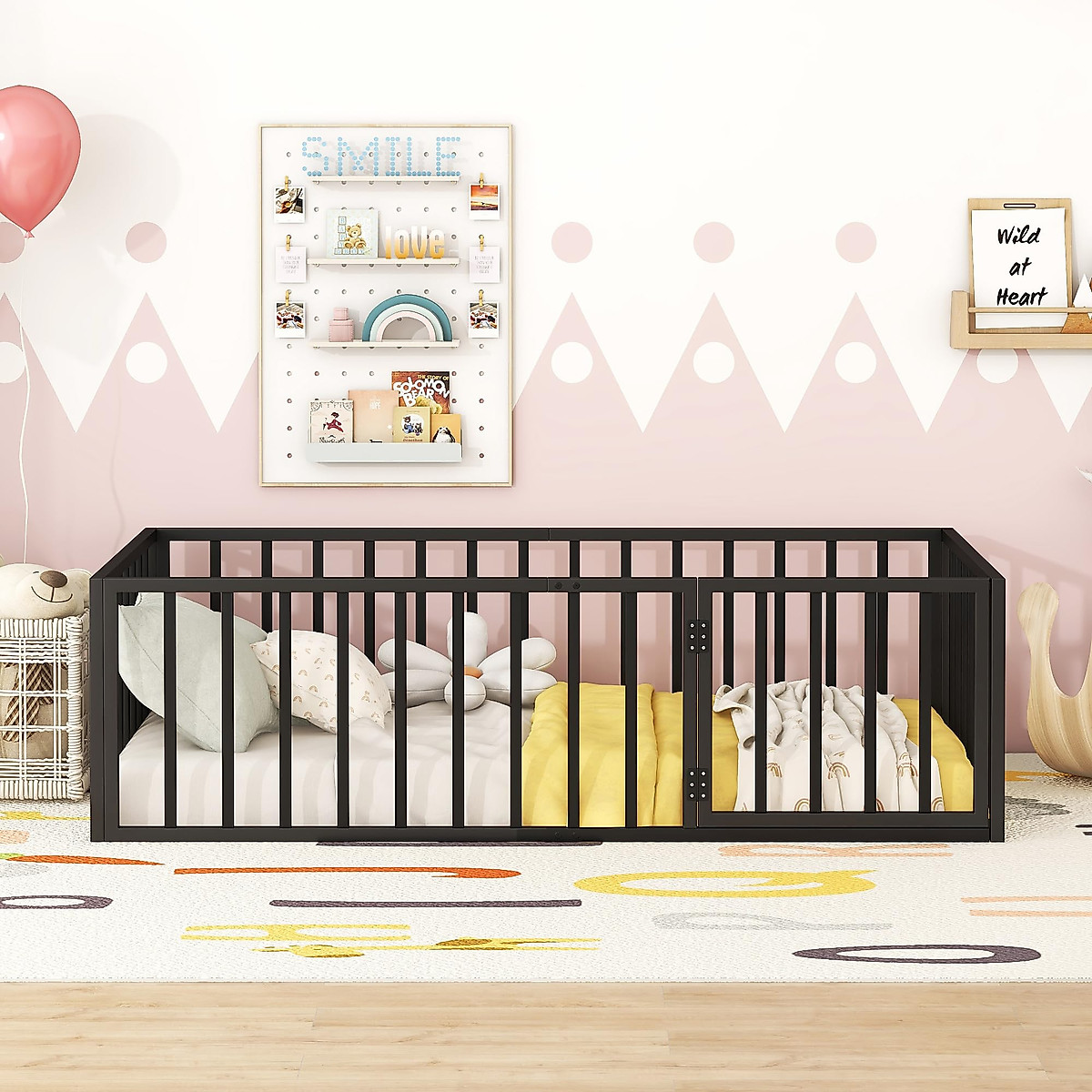 KTATK Twin Size Metal Floor Bed Frame with Fence and Door, Versatile Montessori Beds,No Box Spring Needed,Easy to Install,for Kids,Boys,Girls,Black