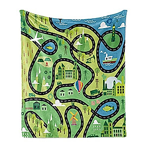 Ambesonne Cartoon Throw Blanket, Aerial View of Coastal Suburbs with Roads Style Hot Air Balloon Windmill, Flannel Fleece Accent Piece Soft Couch Cover for Adults, 50" x 70", Multicolor