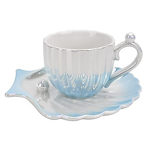 Koythin Ceramic Coffee Mug with Saucer, Creative Pearl Shell Cup, Cute Coffee Mugs for Office and Home, 6.5 oz/200 ml for Tea Latte Milk (Gradient Blue)