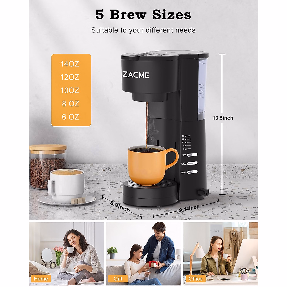 ZACME Single Serve Coffee Maker for K Cups&Ground Coffee with Milk Frother, 3 in 1 Small Single Cup Coffee Machine, 28oz Water Thank, 6 to 14 oz Brew Sizes
