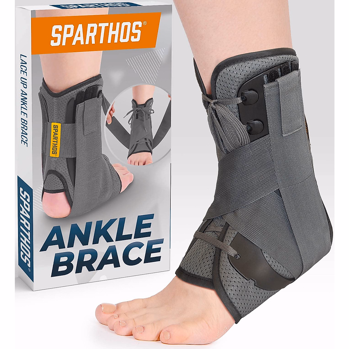 Sparthos Lace Up Ankle Brace - Adjustable Support for Running, Basketball, Volleyball - for Injury Recovery and Sprains - Compression Stabilizer Braces - For Men & Women (Gray - Large)