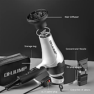 OHJUMP Mini Travel Hair Dryer Blow Dryer with Diffuser,Portable Small Dual Voltage Compact Hairdryer,EU Plug,1875W,Powerful Fast Dry,Folding Handle,Diffuser Hair Dryer( Silvery）