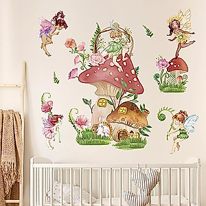 decalmile Forest Mushroom Fairy Wall Decals Elf Flower Grass Butterflies Wall Stickers Girls Bedroom Nursery Classroom Wall Decor