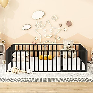 SIYSNKSI Queen Size Floor Bed with Fence and Door, Metal Floor Bed Frame, Montessori Bed Platform Bed Frame for Kids Boys Girls, Easy Assembly (Black + Metal-1)