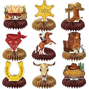 Gameza Western Party Decorations - 9PCS Wild West Cowboy Party Decorations Rodeo Themed Birthday Party Decorations Cool Baby Shower Party Honeycomb Centerpieces Table Toppers Decor Supplies