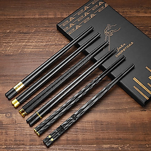 6 Pairs Chopsticks Reusable Fiberglass Chopsticks Dishwasher Safe, 9.6 inch/24.3cm Japanese Chinese Chop Sticks Gift Set (Black&Golden)