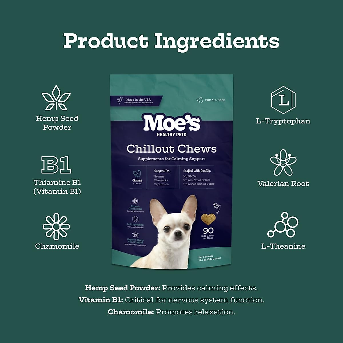 Moe’s Hemp Calming Chews for Dogs - Helps Aid with Storms, Fireworks, Chewing, Barking, Travel, Stress, Anxiety & Separation Anxiety - Tryptophan + Chamomile - Made in The USA - (Chicken)