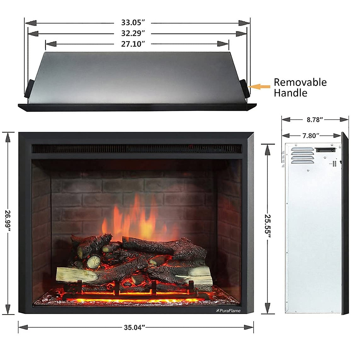 PuraFlame Western Electric Fireplace Insert with Fire Crackling Sound, Remote Control, 750/1500W, Black, 33 1/16 Inches Wide, 25 9/16 Inches High