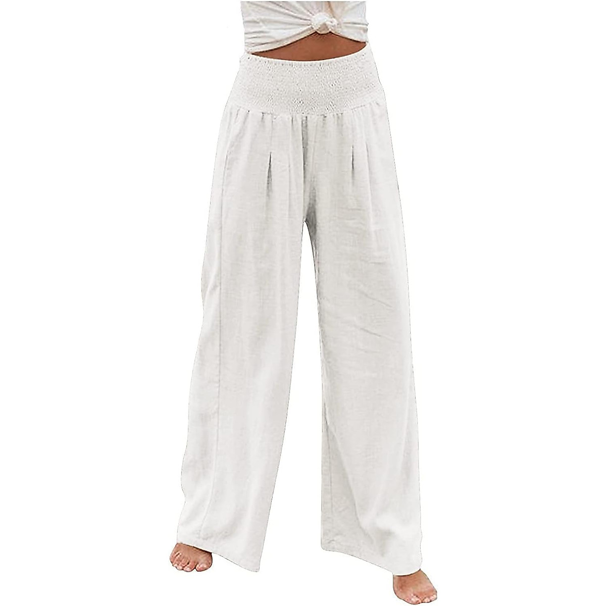 JIELAFIC Linen Pants for Women Wide Leg Elastic High Waisted Palazzo Pants Lounge Yoga Trousers Beach Pants with Pockets (A#White,XL)