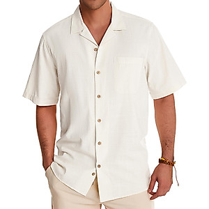 Alimens & Gentle Mens Linen Shirts Short Sleeve Button Down Shirts Cotton Summer Beach Cuban Shirts Vacation Hawaiian Shirts
