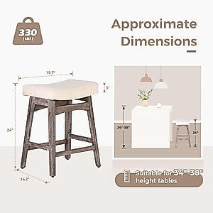 MAISON ARTS Counter Height Bar Stools Set of 2 for Kitchen Counter Solid Wood Legs with Fabric Saddle Seat Farmhouse Barstools for 34"-38" Counter Island Upholstered Stools, 24in, Creamy White