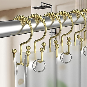 BATHDESIGN Shower Curtain Hooks Rings, Rust Proof Stainless Steel Shower Curtain Hooks Double Sided for Bathroom Shower Rods Curtains, Set of 12, Gold