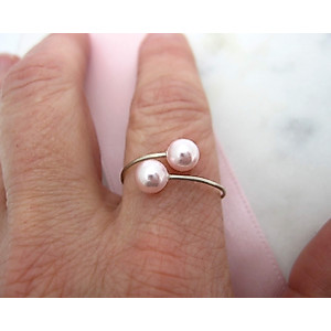 Pink Crystal Pearl Cuff Ring, Open Single Coil Bypass Ring, Sterling Silver 14K Gold-Filled Wire Band, Slides Over Arthritic Knuckles, Jewelry Inspirations