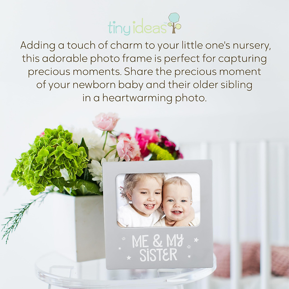 tiny ideas Me and My Sister Picture Frame, Baby Keepsake Frame, Sibling Gifts for Sisters, Brothers, Birthday, Shower, Baptism, Newborn Nursery Decor, 4x6 Photo Insert, Grey