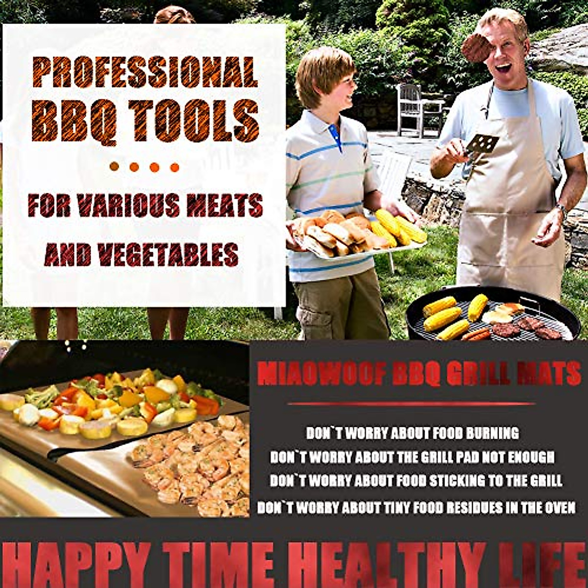 Miaowoof Grill Mat Set of 7-100% Non-Stick BBQ Grill Mats, Heavy Duty, Reusable, and Easy to Clean - Works on Electric Grill Gas Charcoal BBQ-15.75 x 13 Inch