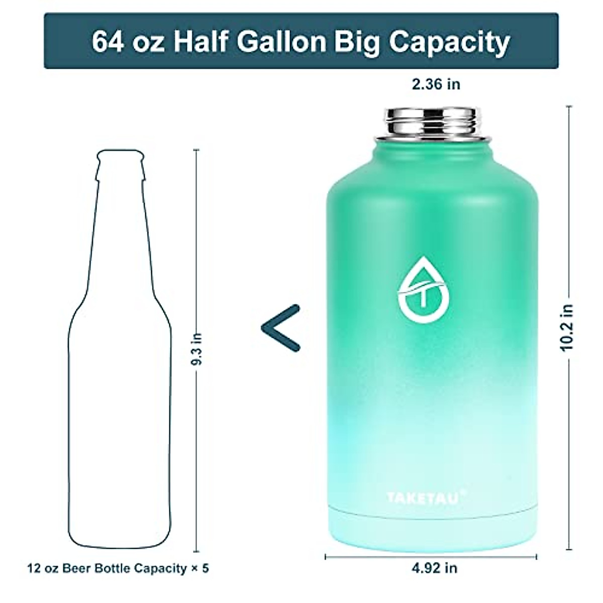 TAKETAU Insulated Sports Water Bottle with Straw Cap & Spout Lid, 2 lids Stainless Steel 64 oz Half Gallon Double Wall Growler Vacuum Flask Wide Mouth Large Thermos, Keep Drinks Cold or Hot (64 Jade)