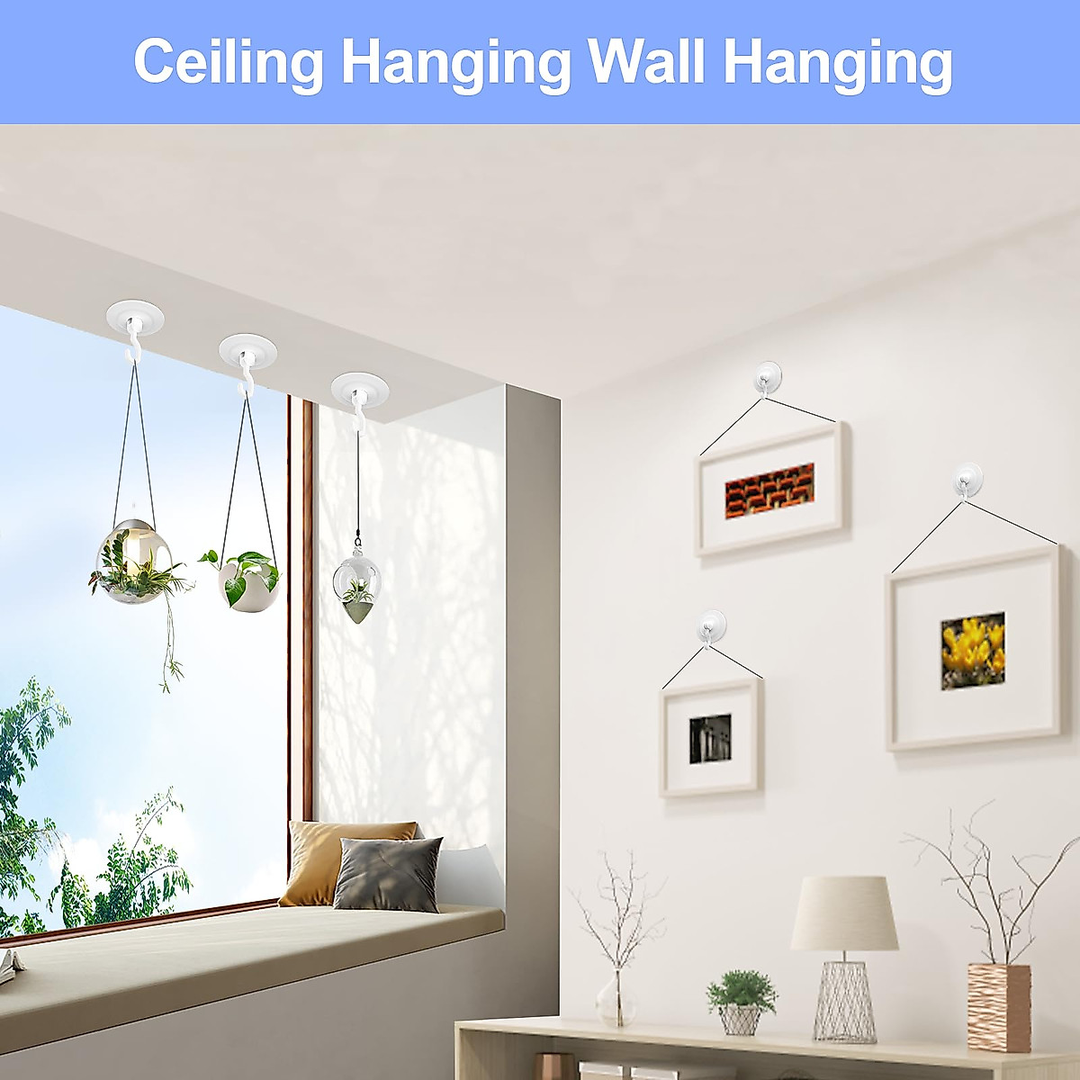 CHOOBY Adhesive Hooks Wall Ceiling: Heavy Duty Damage-Free No-Drill Waterproof Self Stick Cabinet Hook Hanging Small Plant Towel Lights Coat for Door Shower Bathroom Kitchen - 4Pack White