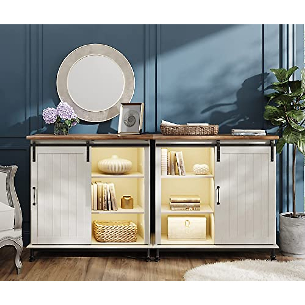 WAMPAT Multifunctional Storage Cabinet with Sliding Barn Door,LED Decorative Farmhouse Buffet Cabinet Coffee Bar Cabinet Accent Cabinet Entryway Storage Table for Living Room,Kitchen,70'',Cream White